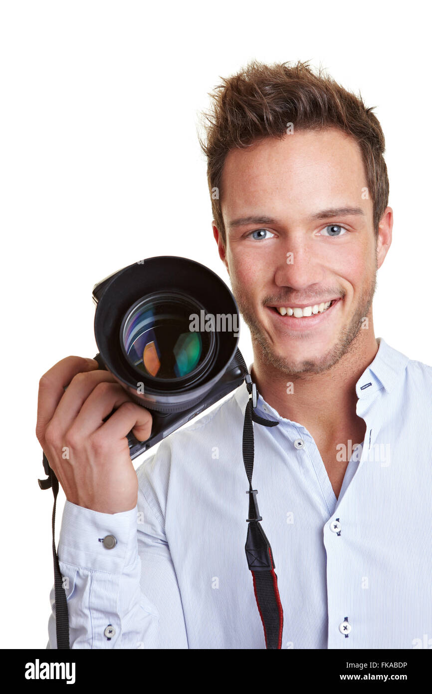 Happy smiling journalist with digital camera in his hand Stock Photo ...