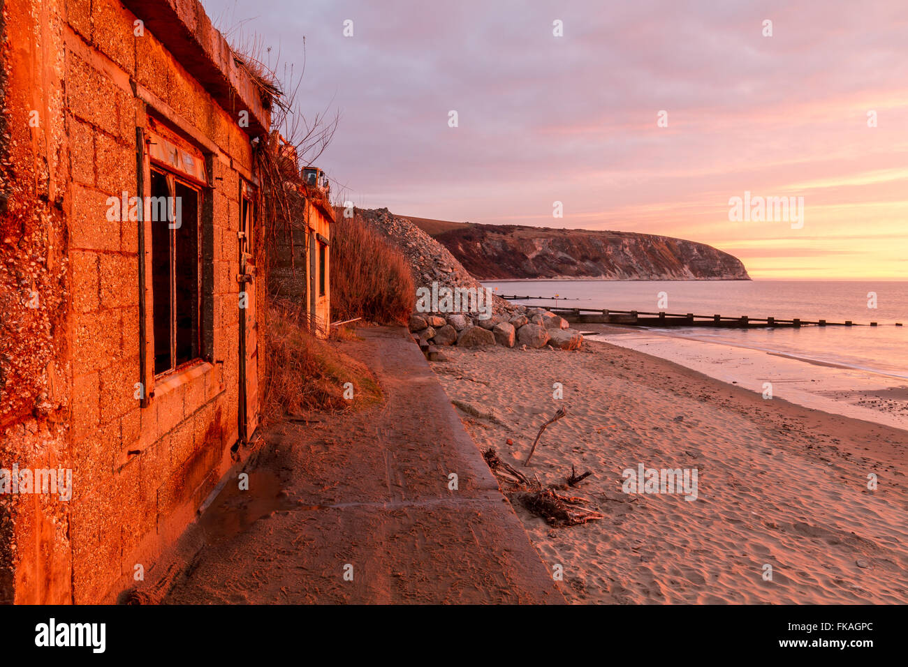 old shed ruin overlooking sunrise on Swanage bay Stock Photo - Alamy