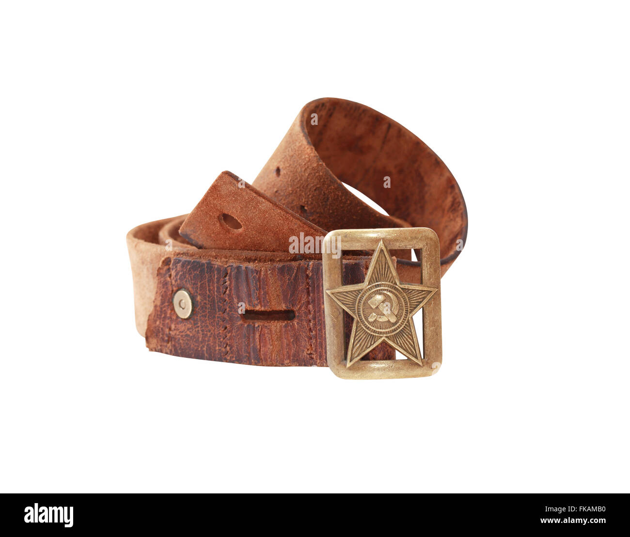 World War II Soviet equipment. Leather officer belt. Isolated with ...