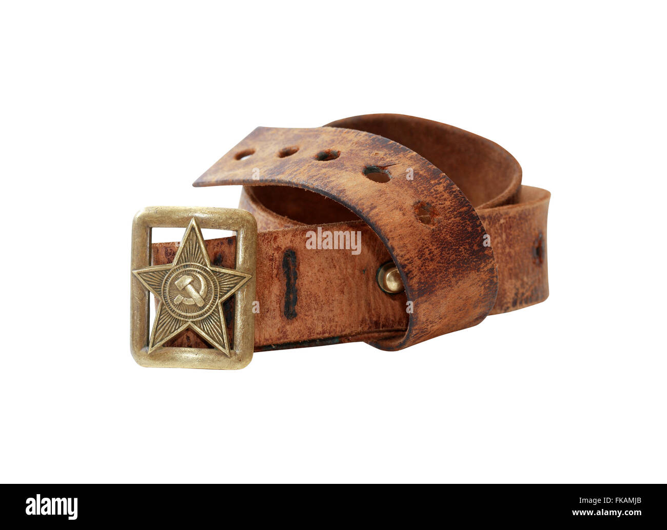 World War II Soviet equipment. Leather officer belt. Isolated with ...