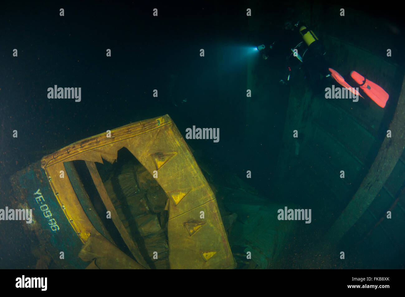 Diver at the MS Zenobia shipwreck. MS Zenobia was a Swedish built ...