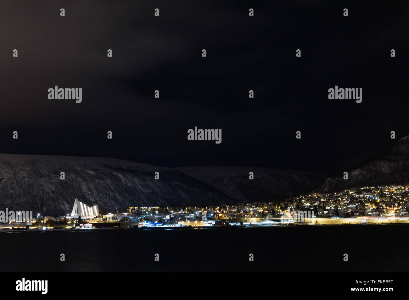 Tromsø landscape at night, overlooking the Arctic Cathedral Stock Photo ...