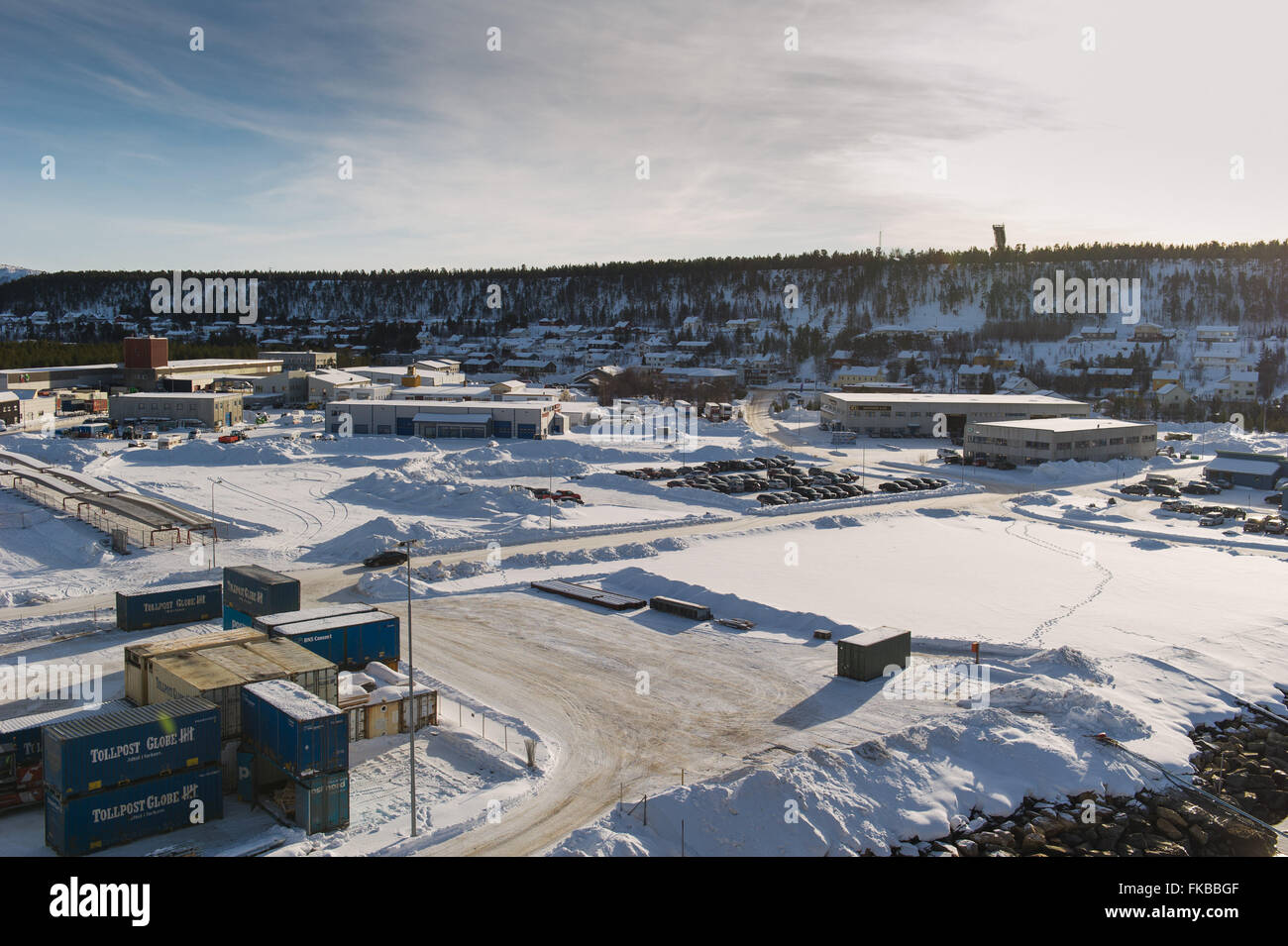 An aerial view over the port and cruise terminal in Alta, Norway ...