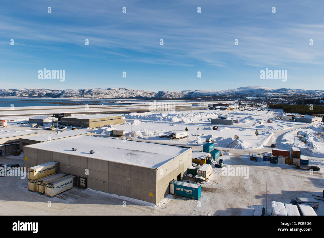 An aerial view over the port and cruise terminal in Alta, Norway ...