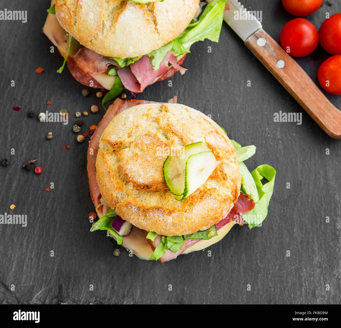 Rustic sandwiches with bacon, salad,cheese and vegetables Stock Photo ...