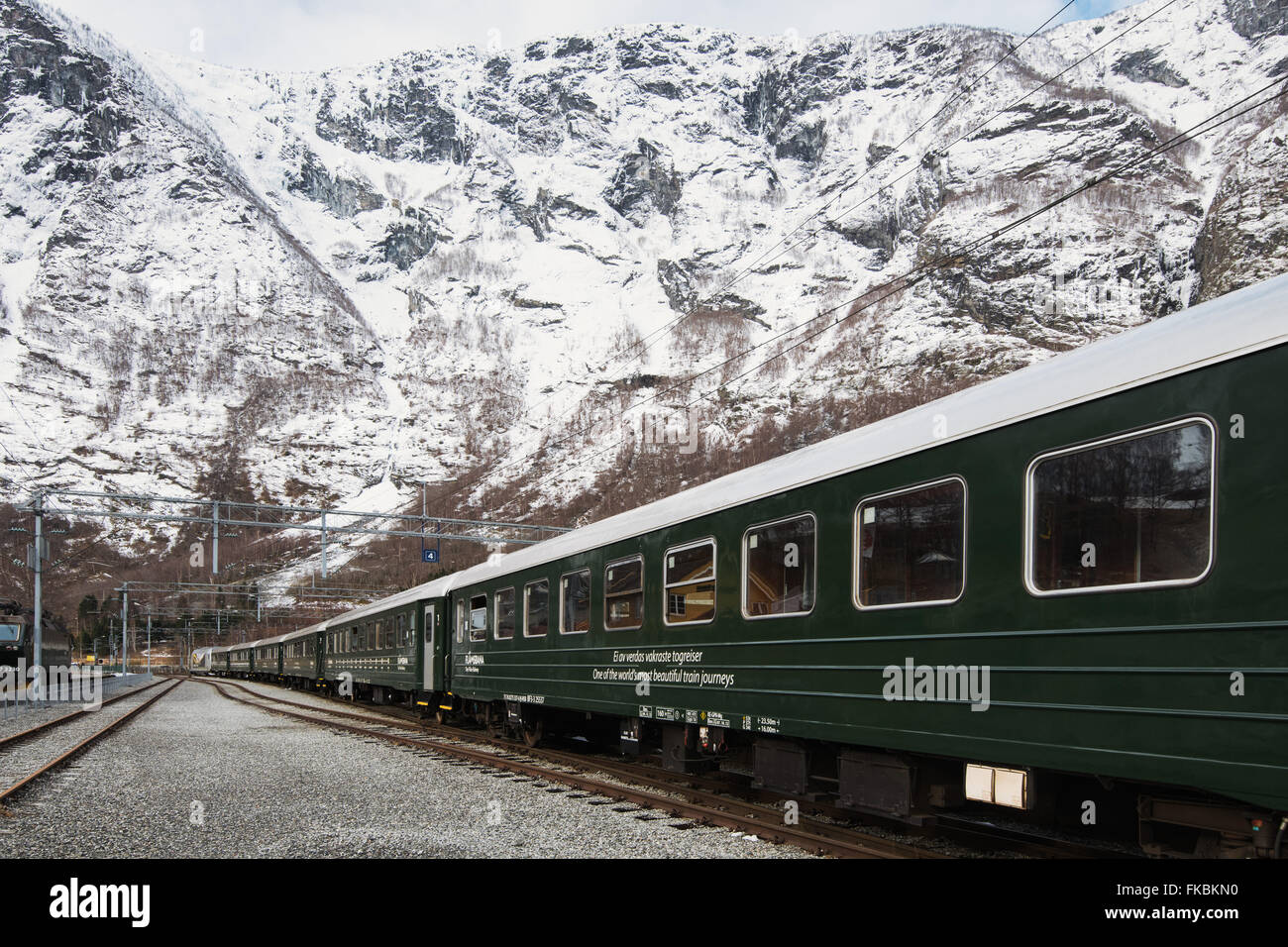 A train on the Flåm railway line (Flåmsbana) at Flåm station, Norway. The line runs between Flåm ...