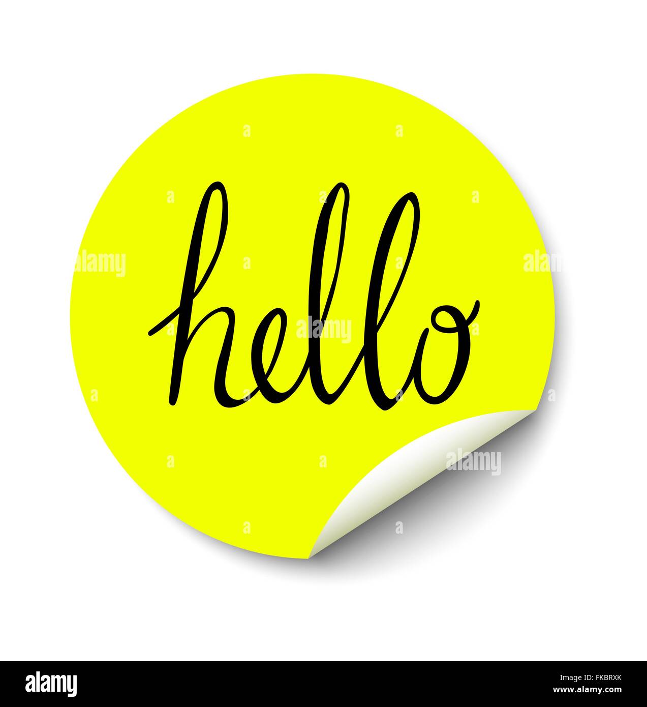 Vector yellow circle sticker with curled corner and hello text inside ...