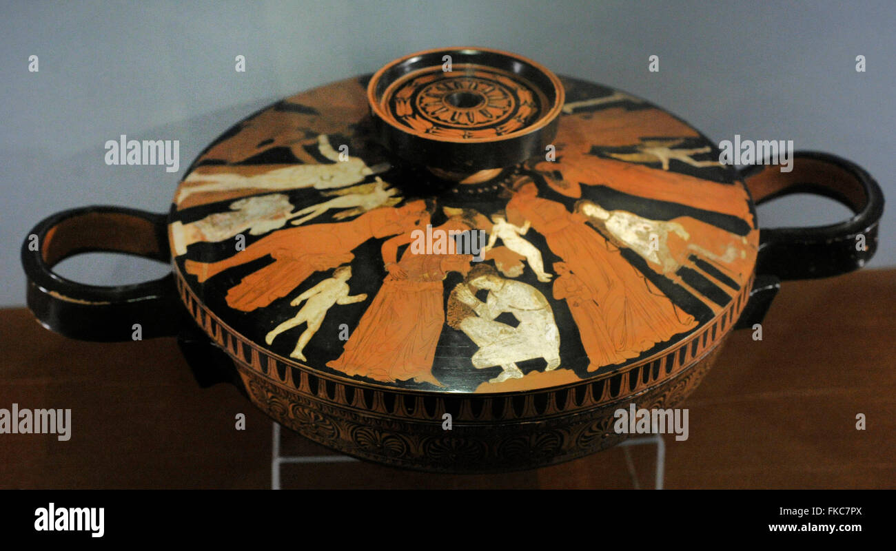 Greek Art. Red-figure Lekanis depicting dressing scene. Clay. Attica ...