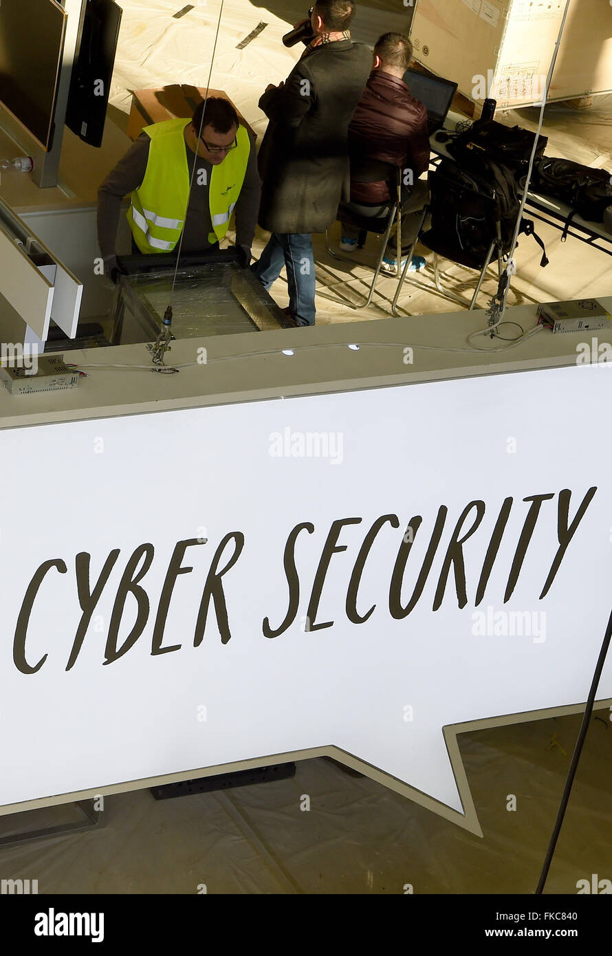 An exhibition booth on cybersecurity is set up in hall 2 for the ...