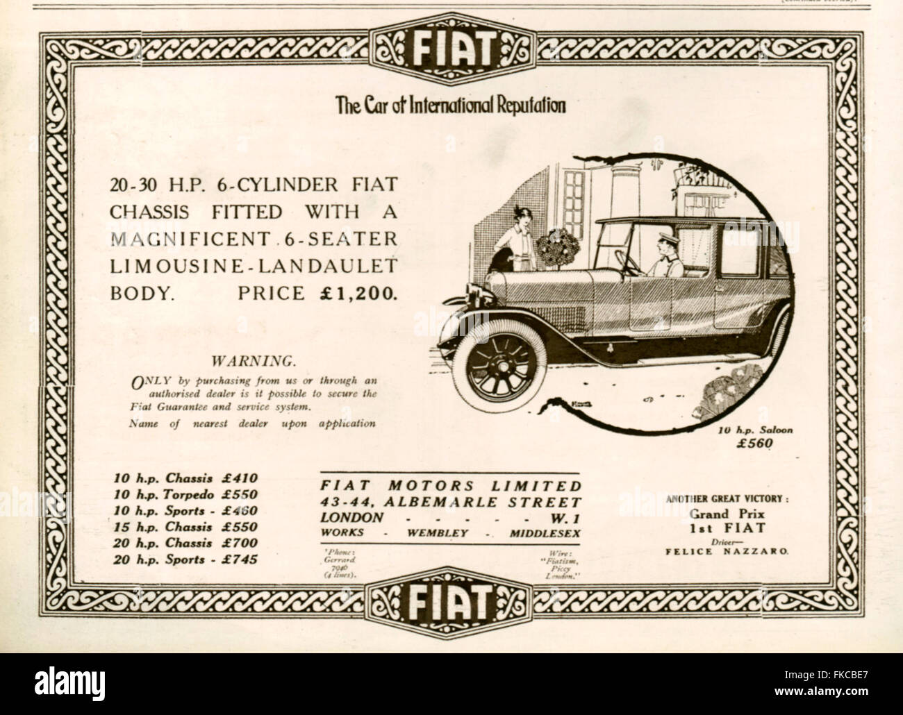 1920s UK Fiat Magazine Advert Stock Photo - Alamy