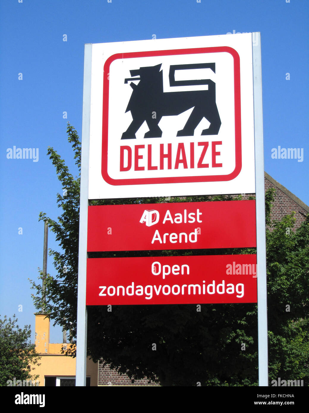 AALST, BELGIUM, JUNE 6: Sign outside a Delhaize supermarket. Delhaize ... AALST, BELGIUM, JUNE 6: Sign outside a Delhaize supermarket. Delhaize ...