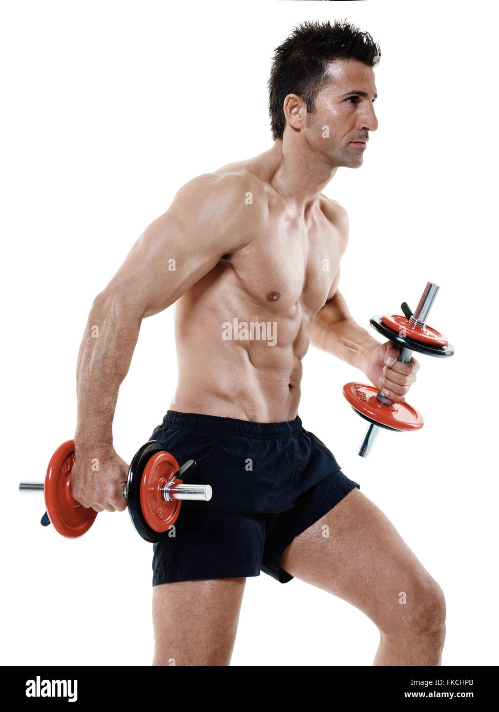 one caucasian man exercising fitness weights exercices isolated on ...