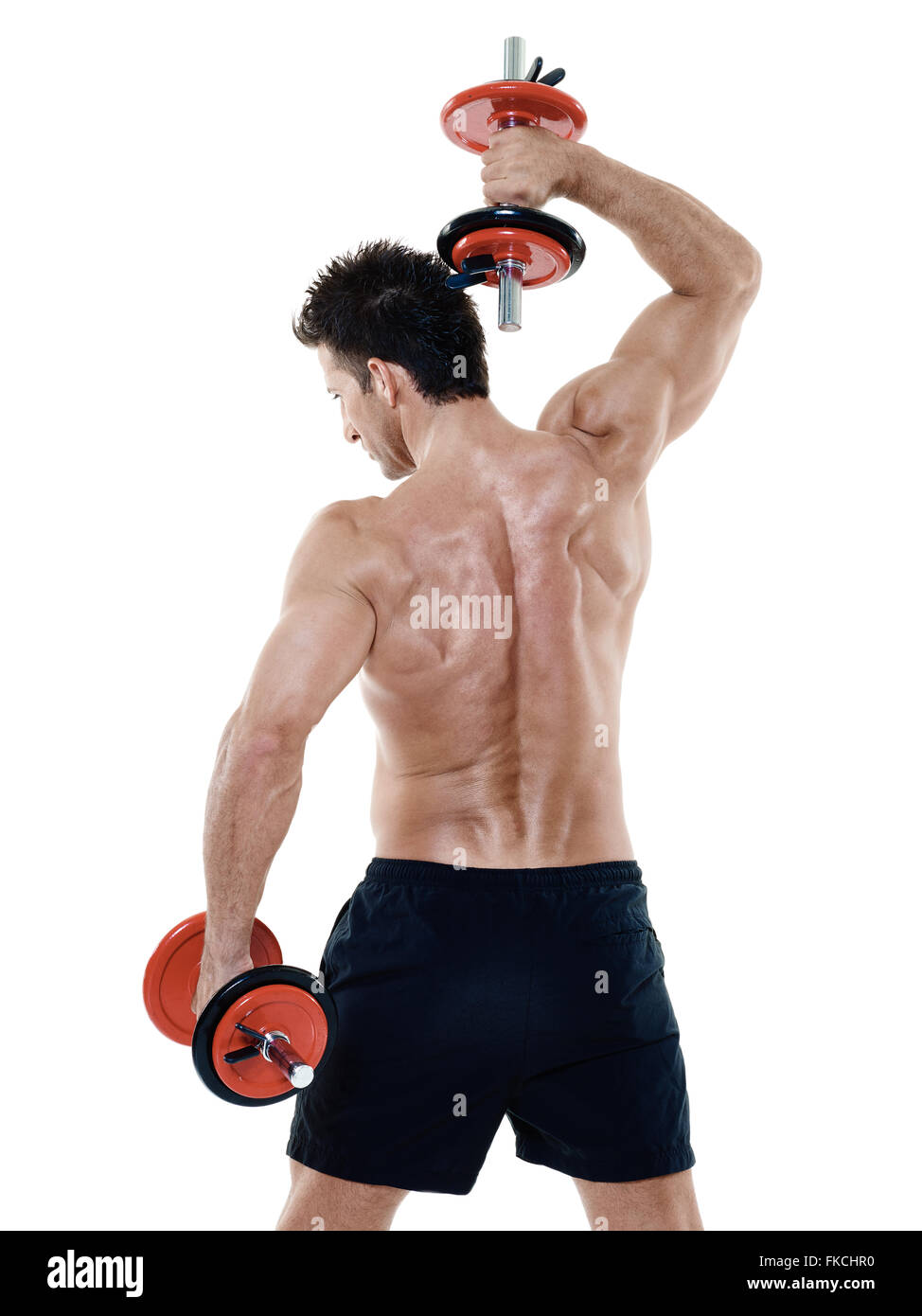 one caucasian man exercising fitness weights exercices isolated on ...