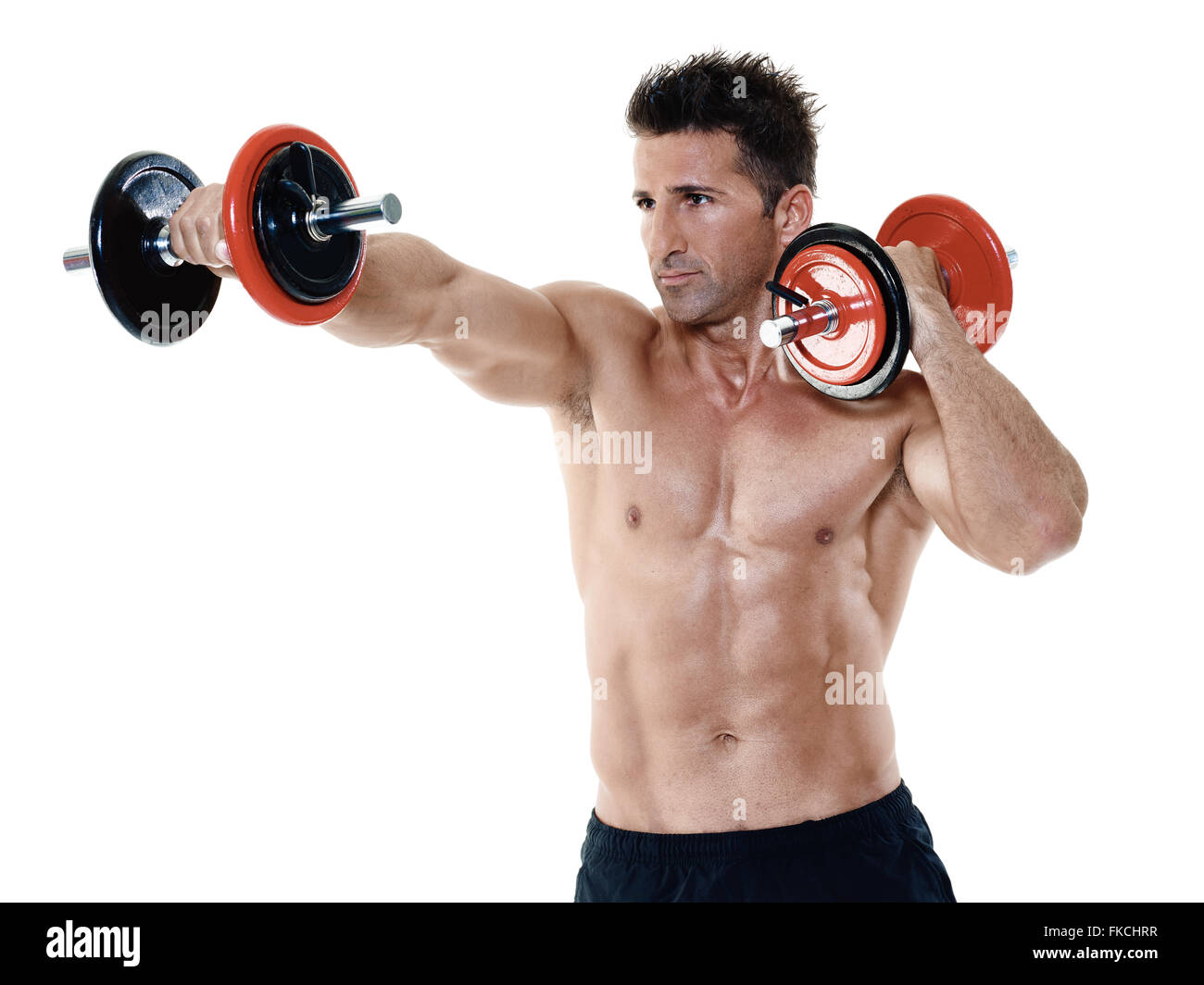 one caucasian man exercising fitness weights exercices isolated on ...