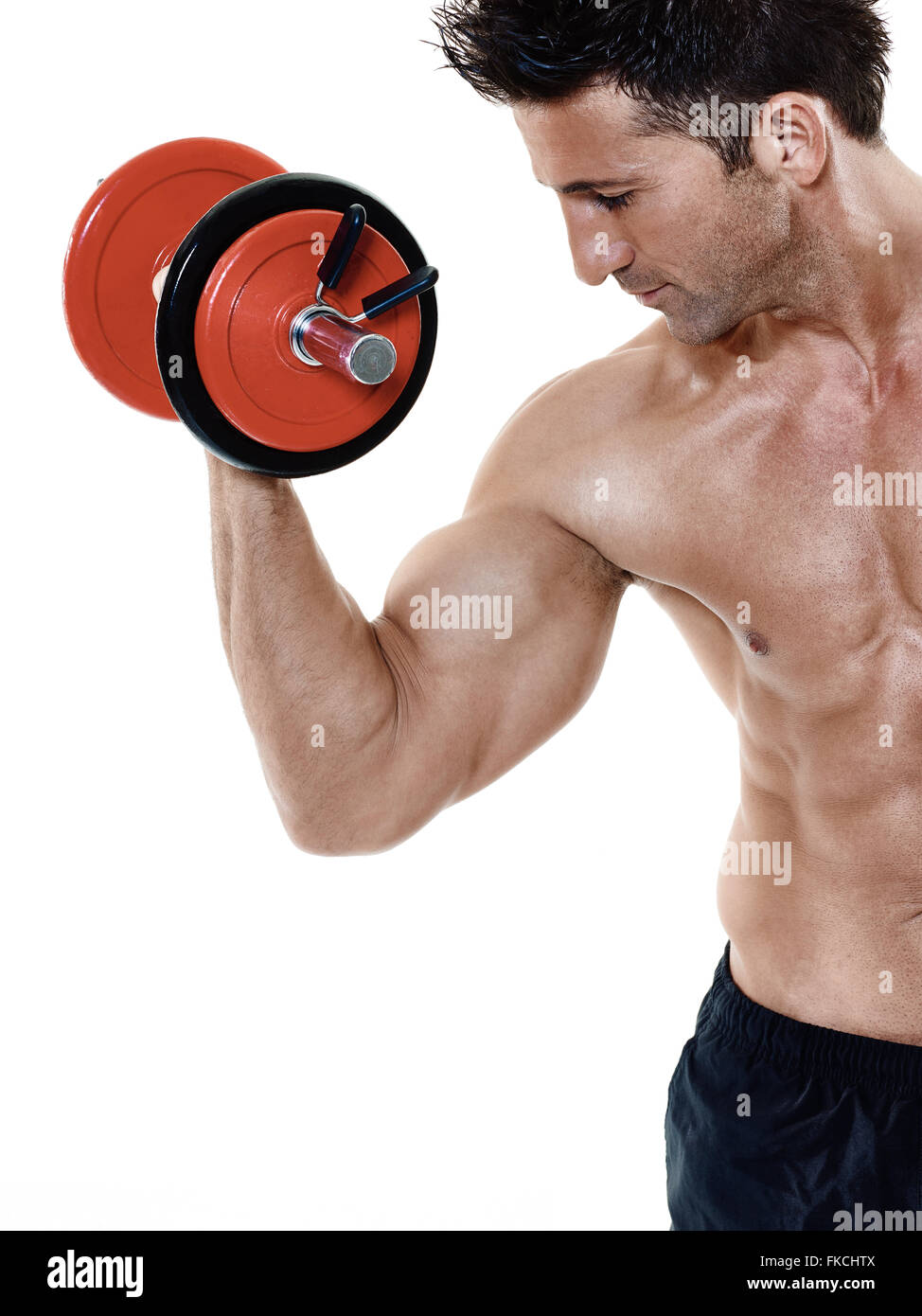 one caucasian man exercising fitness weights exercices isolated on ...