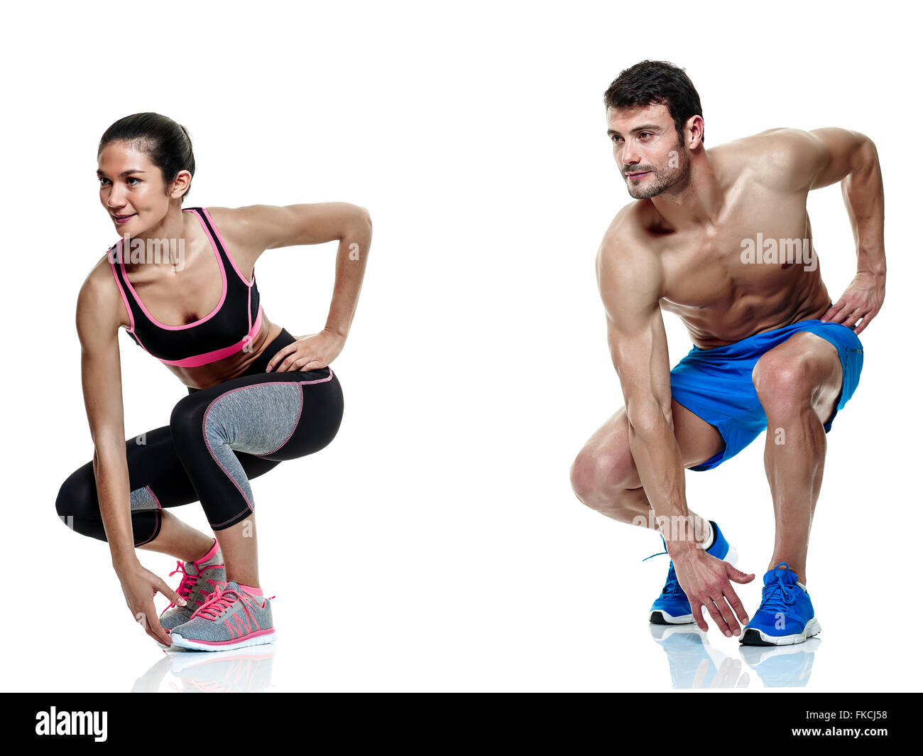 one caucasian couple man and woman exercising fitness exercises ...