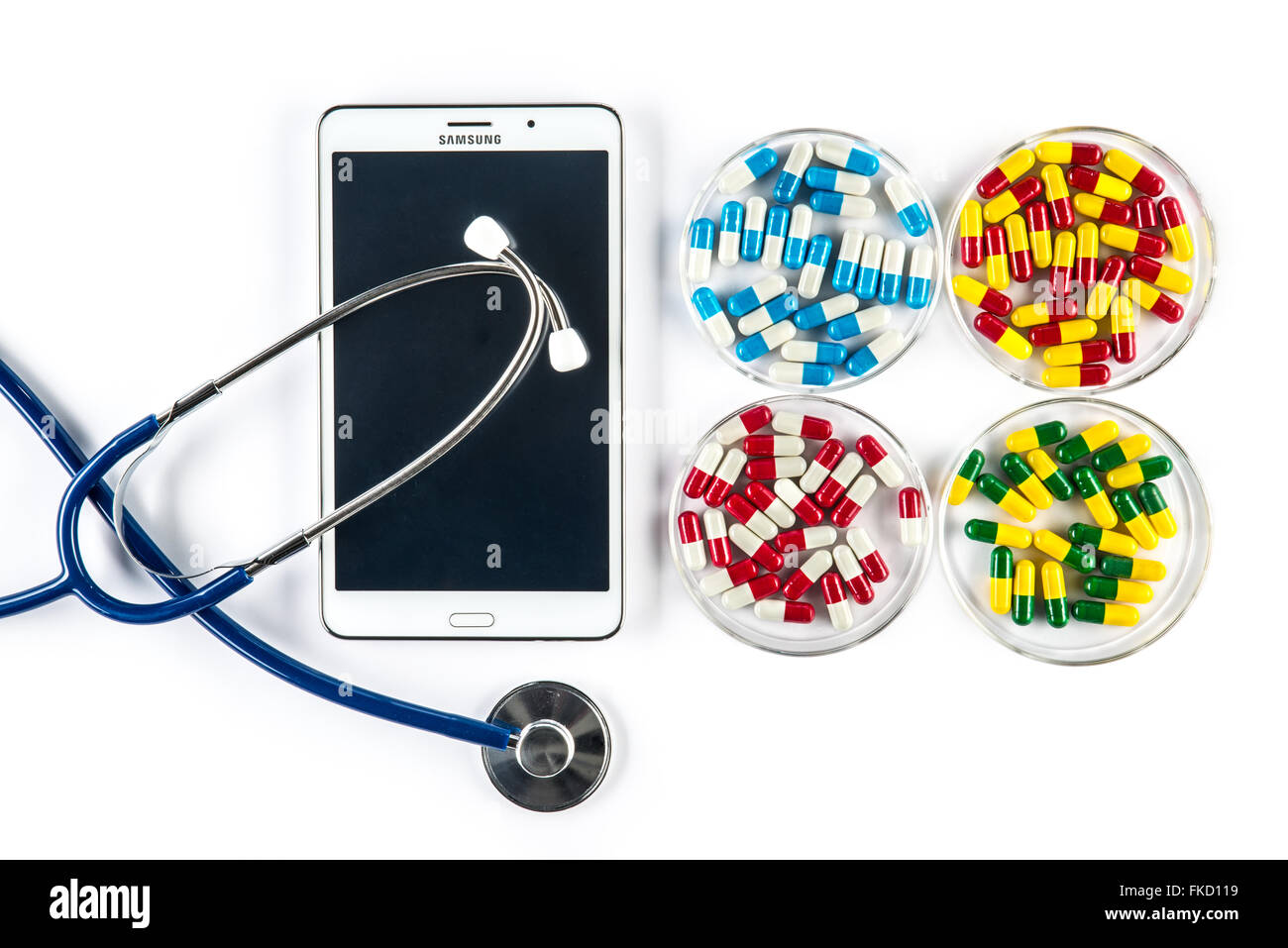 Pills and Stethoscope with Tablet, Capsule in pill Container Mobile ...