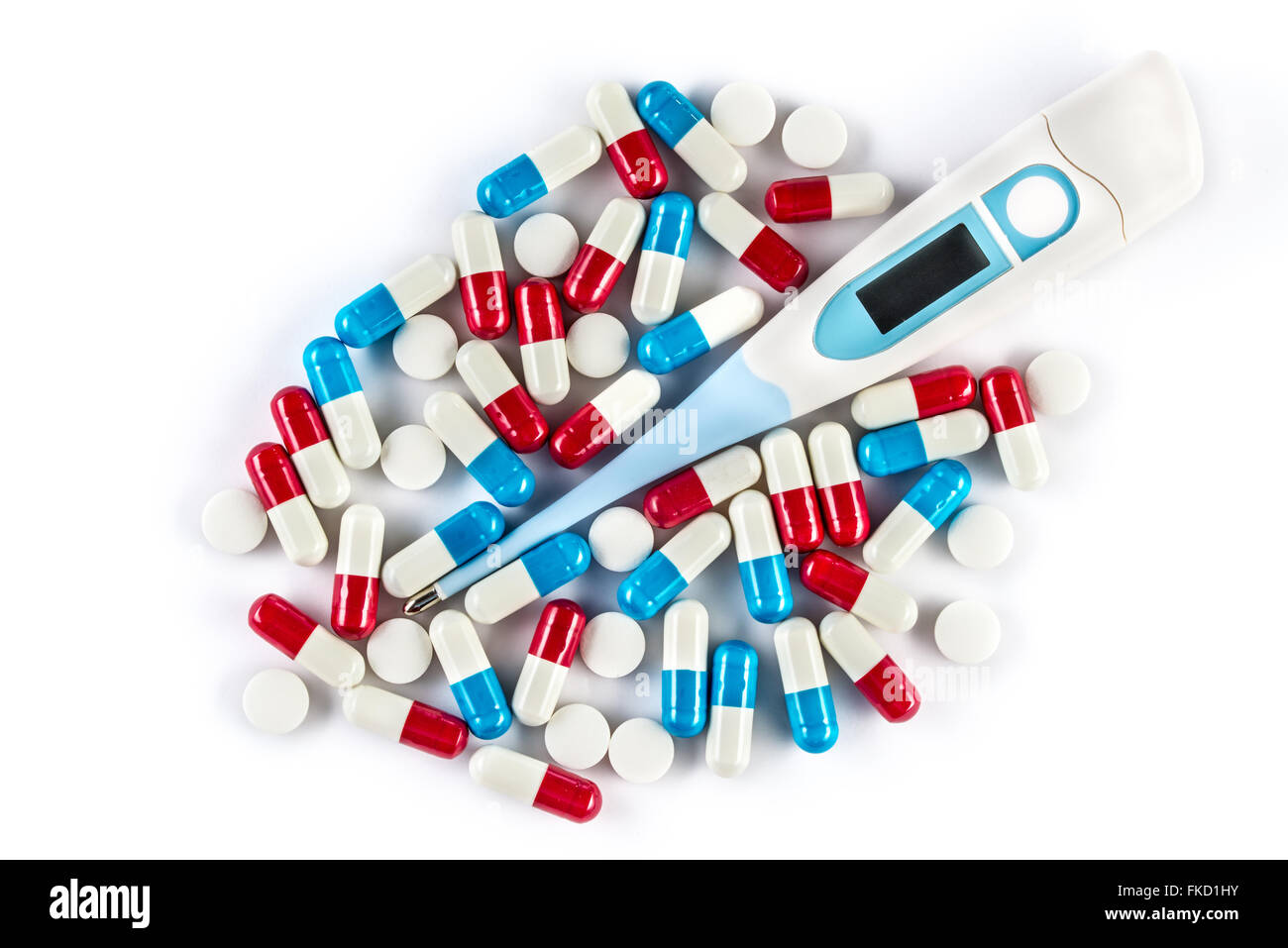 thermometer with pills and Capsule, Fever headache flu unwell Stock ...