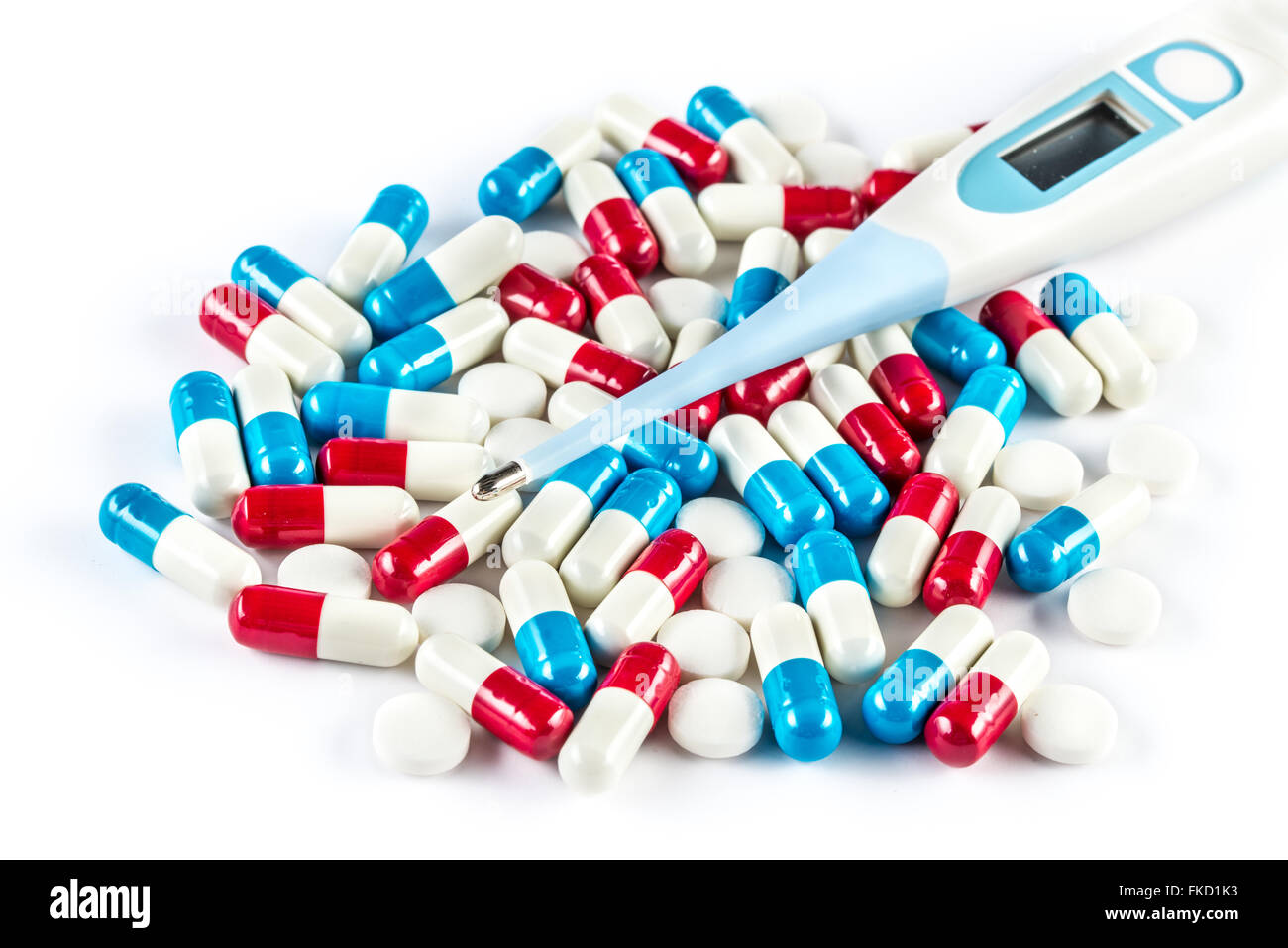 thermometer with pills and Capsule, Fever headache flu unwell Stock ...