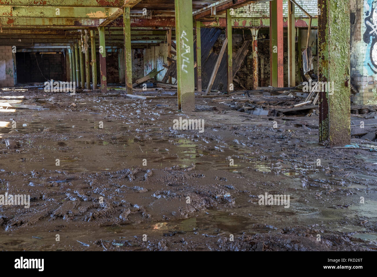 A disused factory which has been vandalised, the roof has collapsed and ...