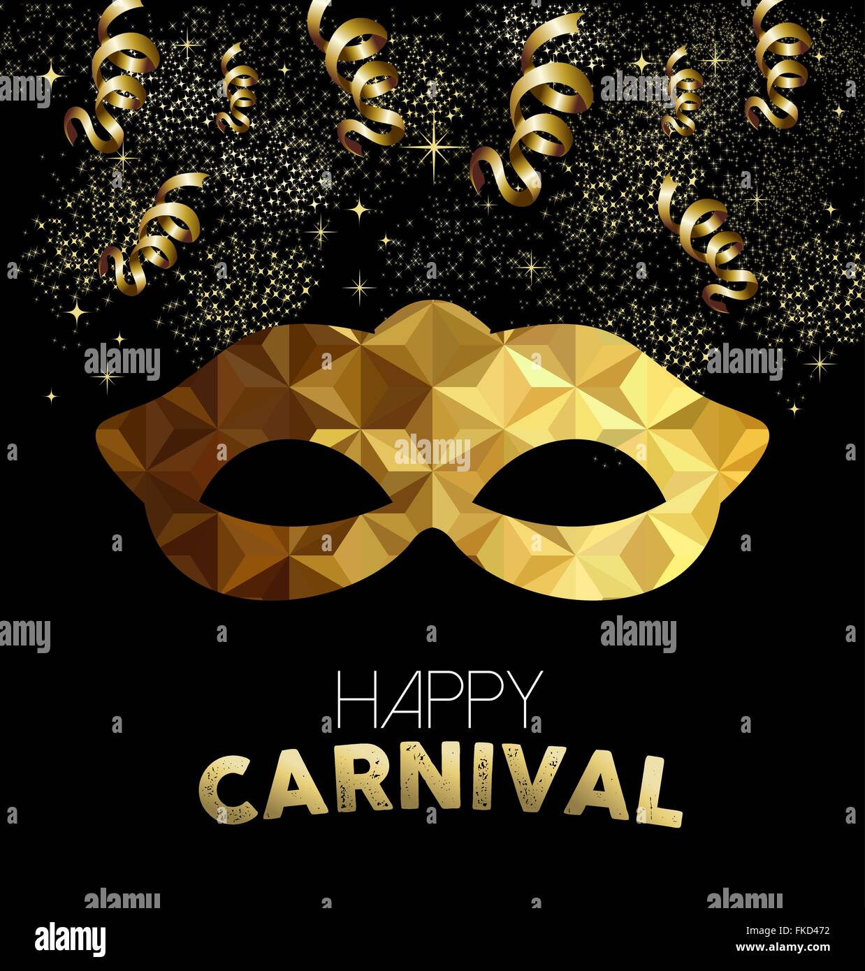 Happy carnival design, gold mask with low poly shapes, party streamers ...