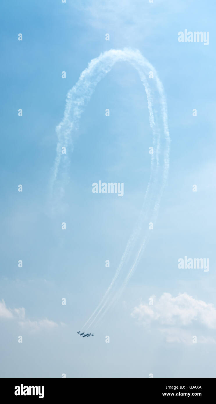 Low angle view of fighter aeroplanes performing airshow in sky Stock ...