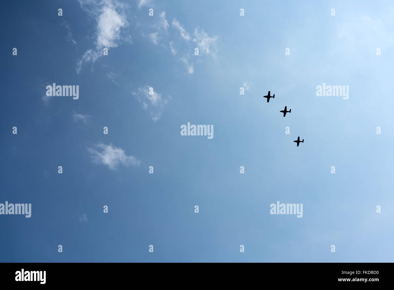 Low angle view of fighter airplanes performing airshow in sky Stock ...