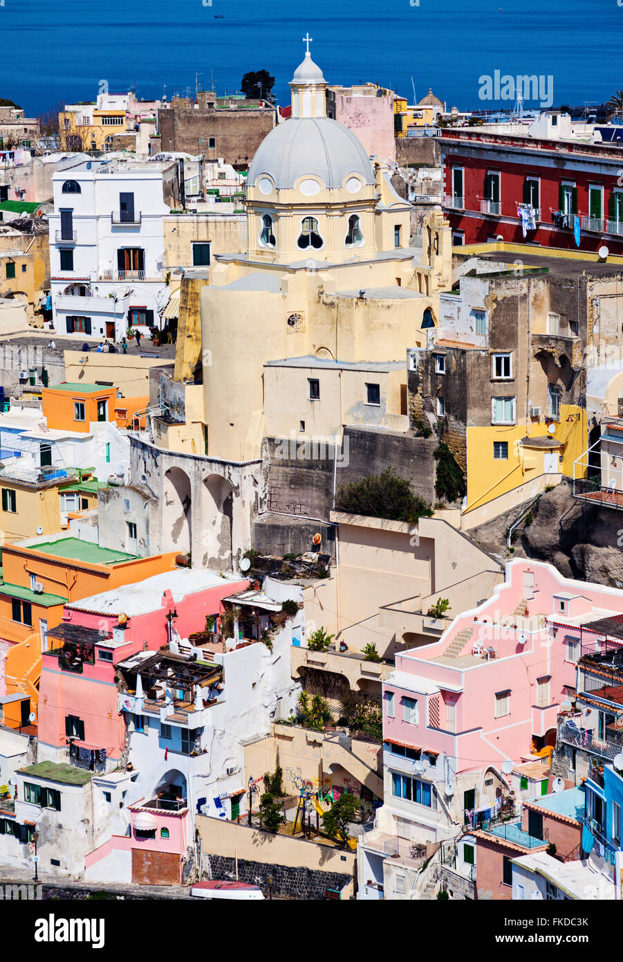 Townscape with church on Marina Corricella on Procida Island Stock ...