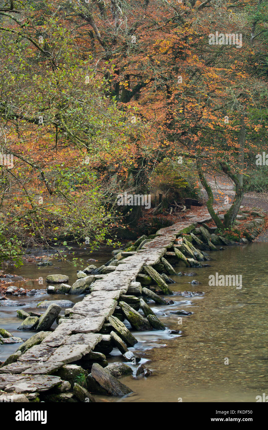 Tarr Steps clapper bridge across the River Barle, Exmoor National Park ...