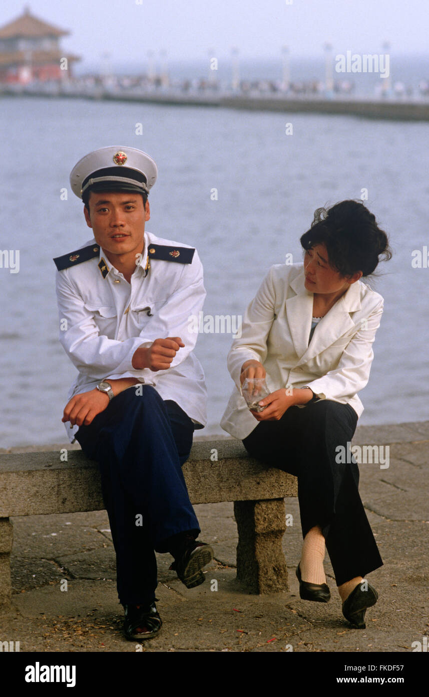 Military officer on Huilan Pavilion and promenade, Qingdao beach resort ...