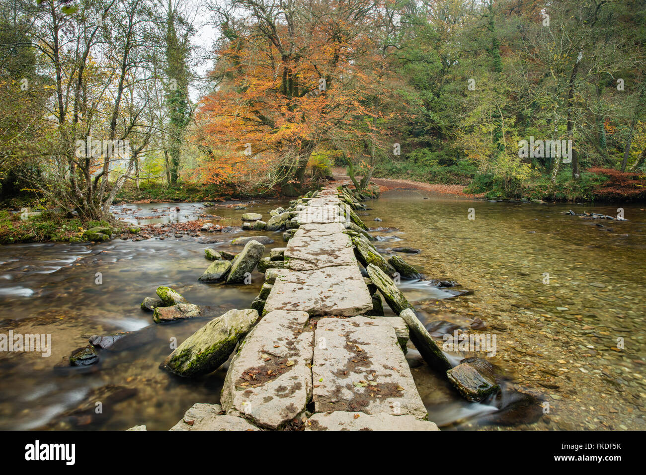 Tarr Steps clapper bridge across the River Barle, Exmoor National Park ...