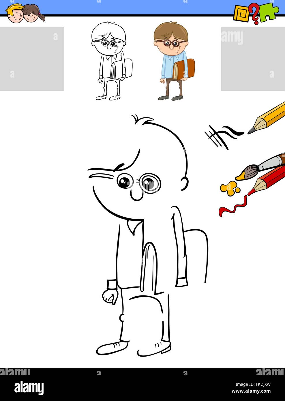 Cartoon Illustration of Drawing and Coloring Educational Activity Task ...