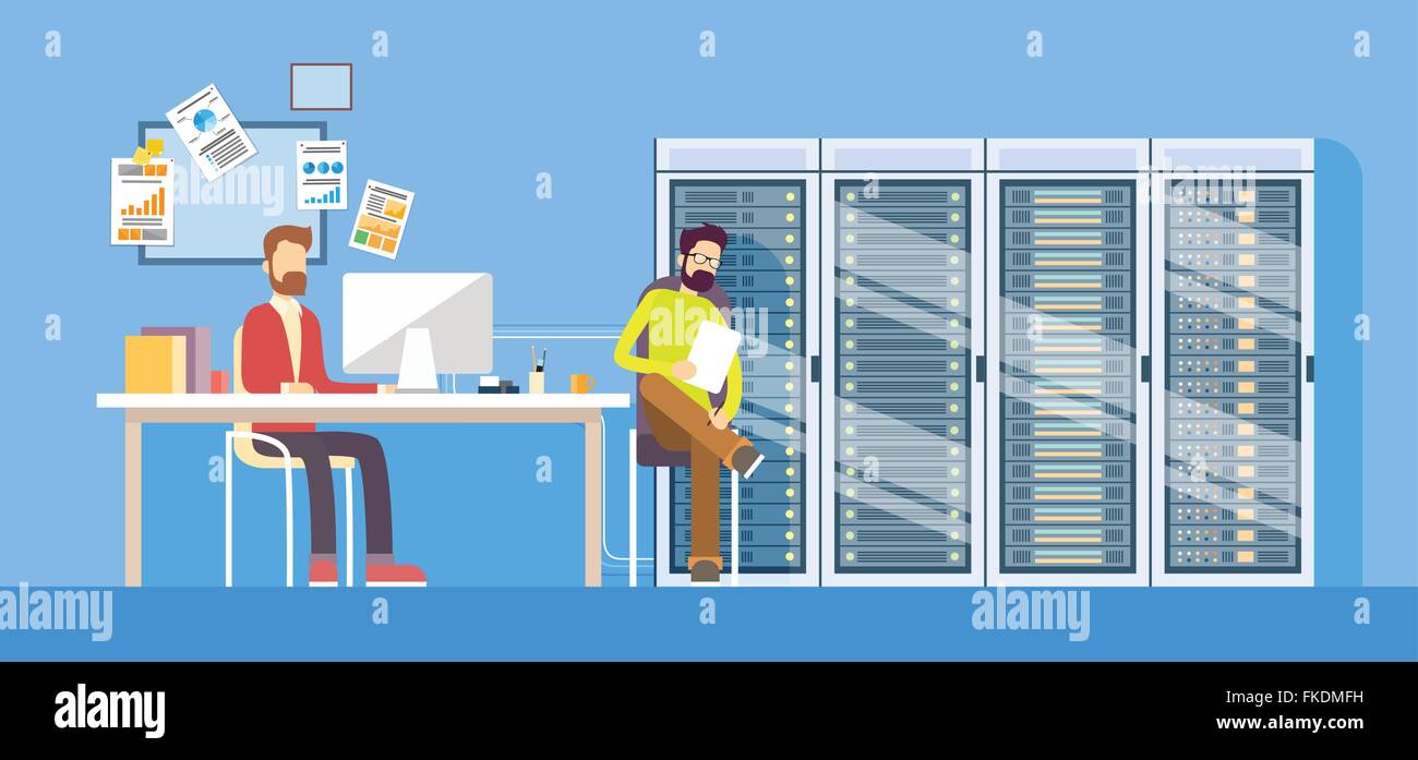 People Working Data Center Technical Worker Man Administrator Sitting ...