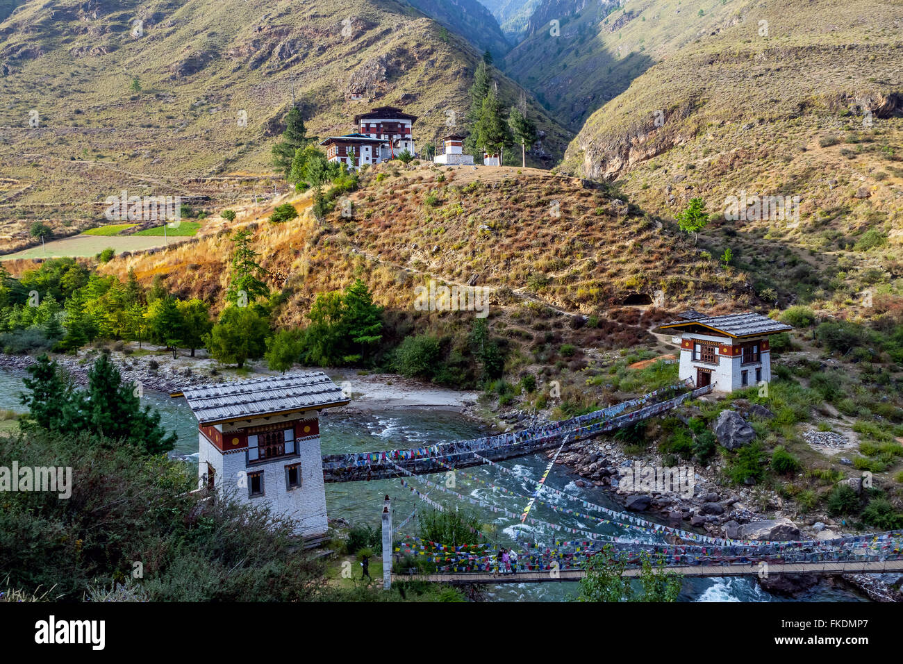 Old Chain Bridge over river close to Thimphu Bhutan Stock Photo - Alamy