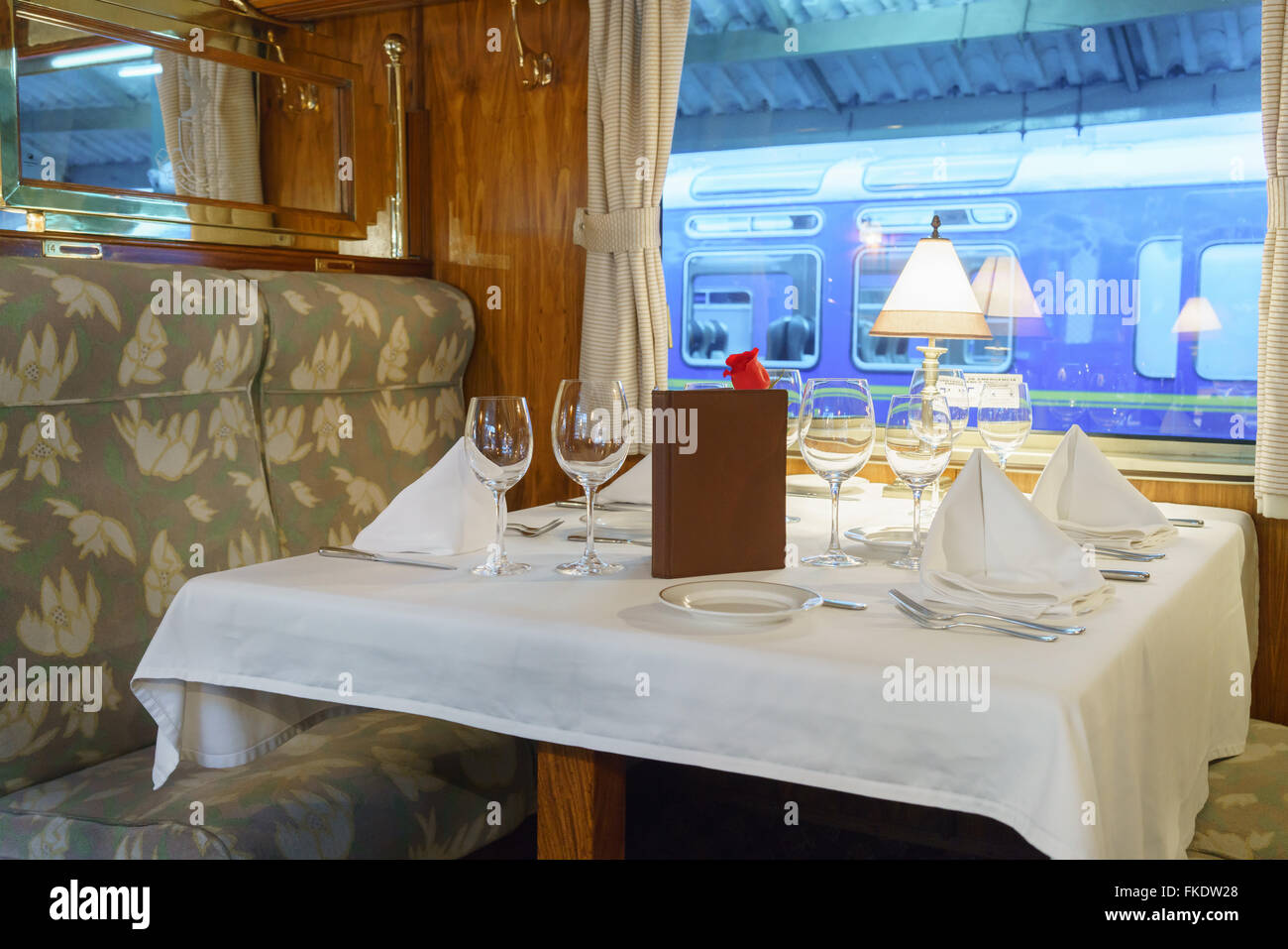 Dining table in first class train car, Machu Picchu, Cusco Region ...