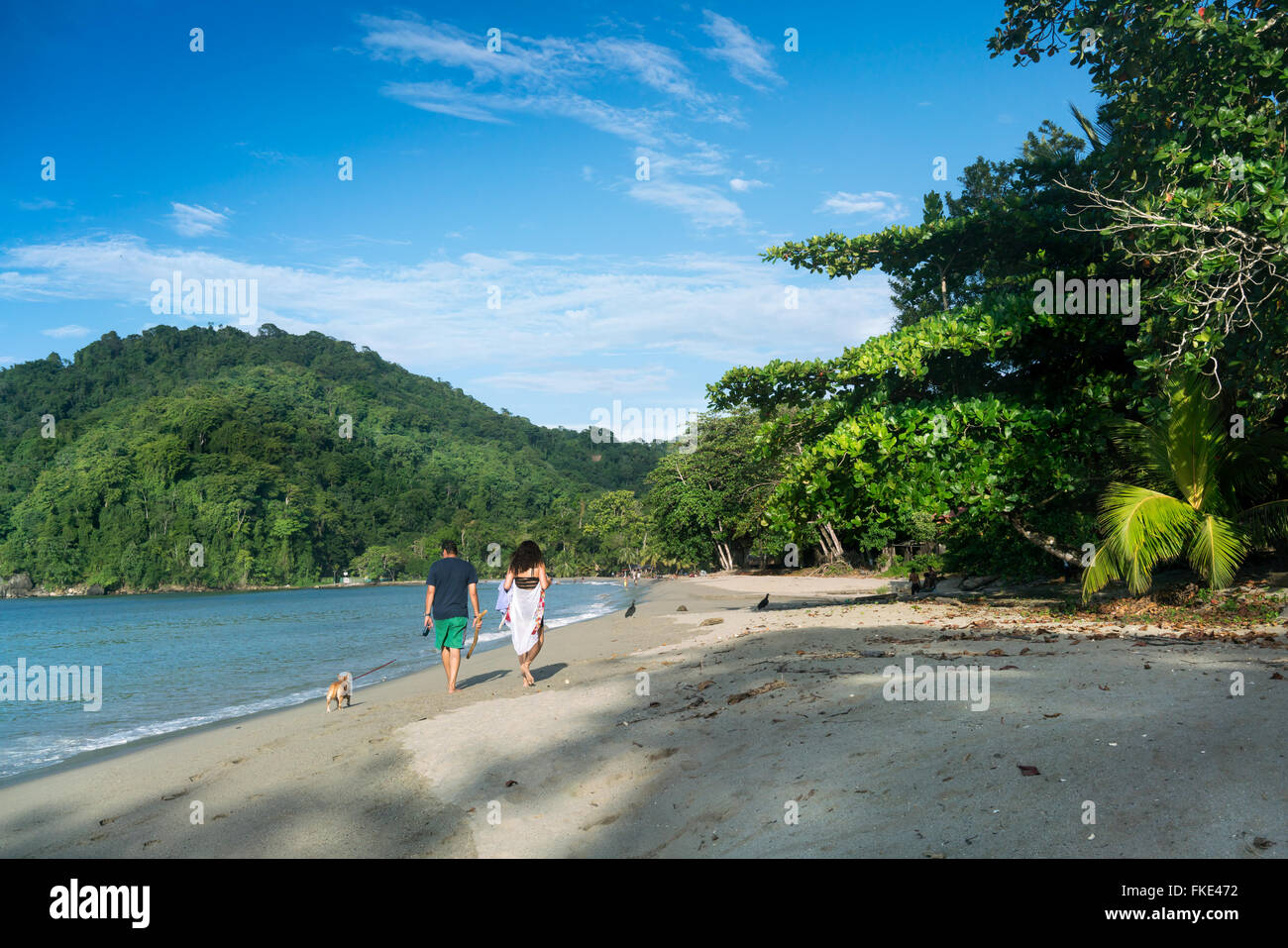 Rear view of couple with dog walking on sandy beach, Trinidad, Trinidad ...
