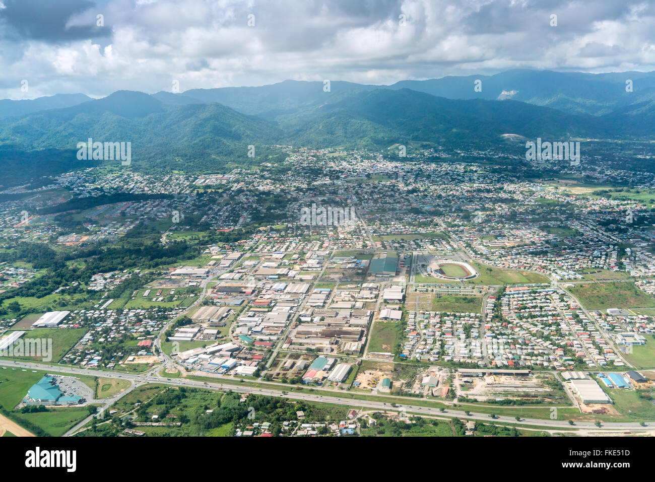 Aerial view of cityscape against cloudy sky, Trinidad, Trinidad and ...