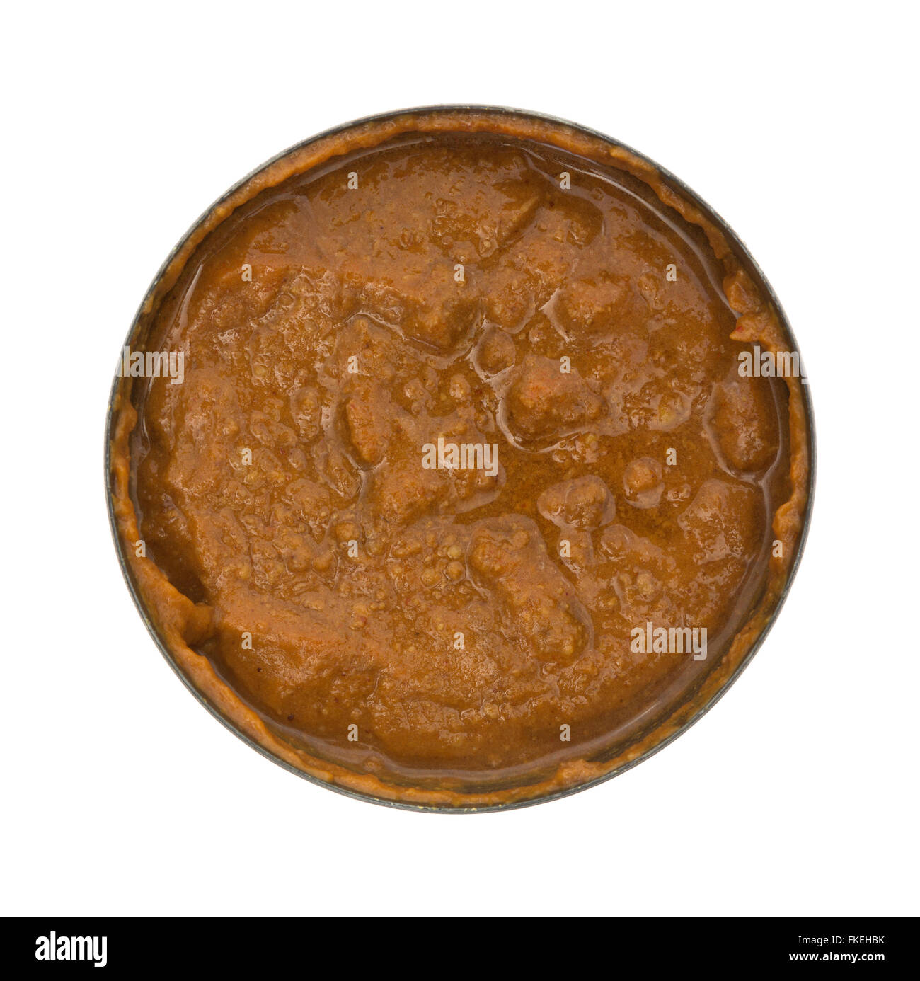 Top view of an opened can of no bean chili isolated on a white ...