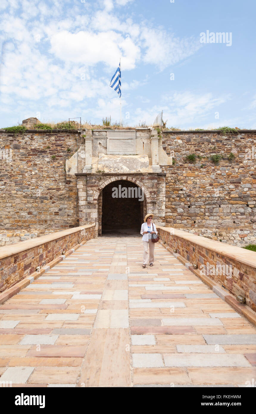 Tourist visiting the Byzantine Castle in the town of Chios, Chios ...