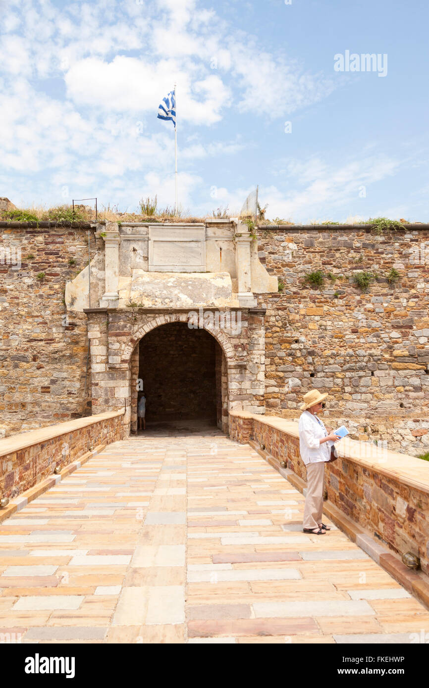 Tourist visiting the Byzantine Castle in the town of Chios, Chios ...