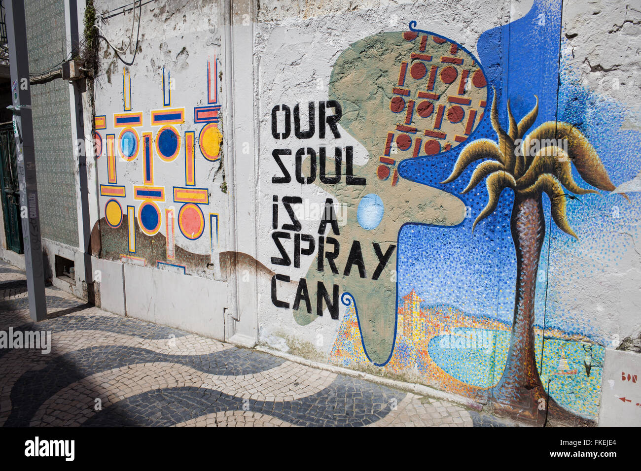 Portugal, Cascais town, mural, street art, graffiti on a wall with text ...