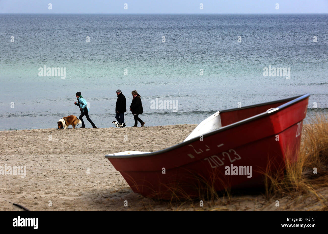Zingst, Germany. 07th Mar, 2016. People go for a walk on the beach by ...