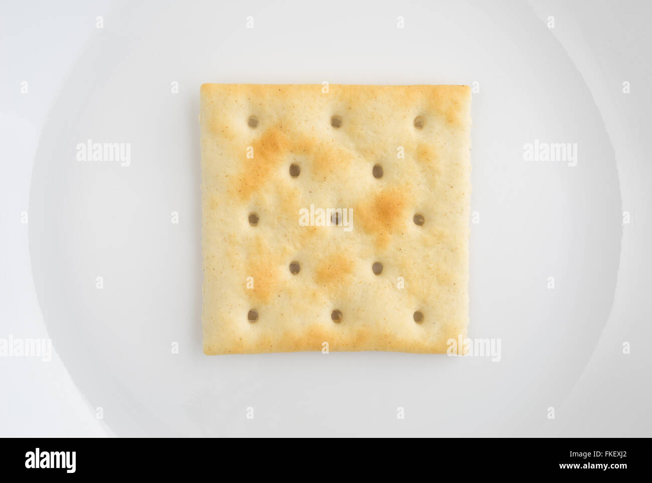 A very close view of an unsalted saltine cracker on an off white plate ...