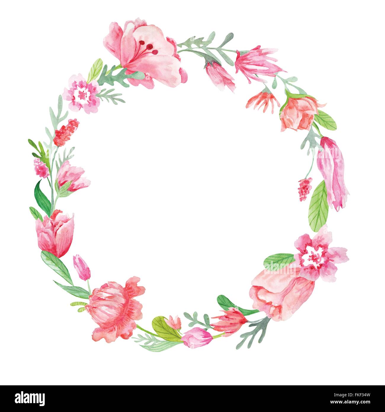 Hand-painted bouquet frame with red spring flowers and leaves on white ...