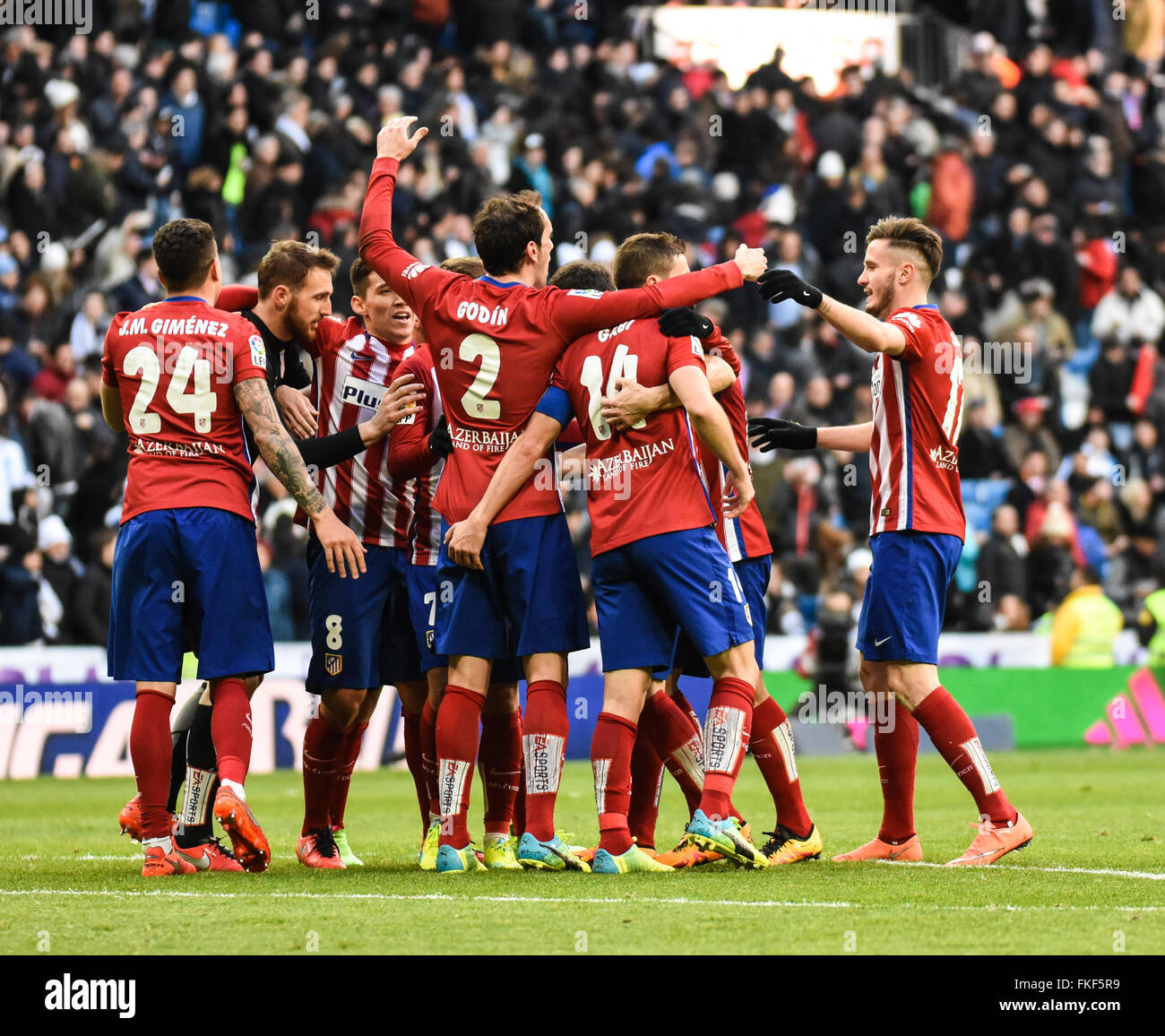 Atletico de Madrid's players celebrating a victory at Santiago Bernabeu ...