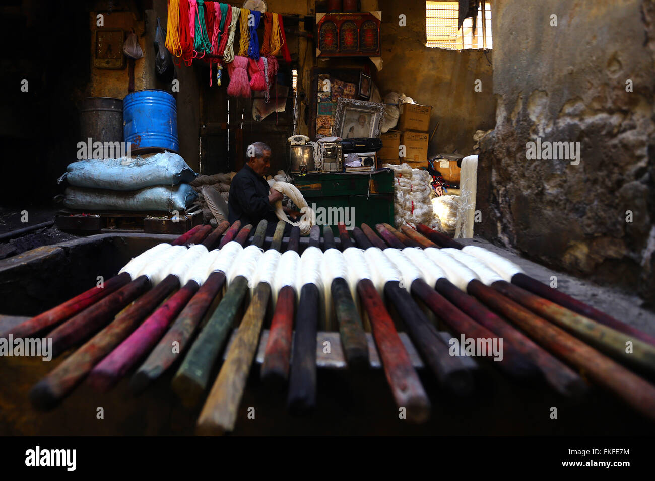 Cairo. 8th Mar, 2016. A worker processes yarn at a dyeing factory at Al ...
