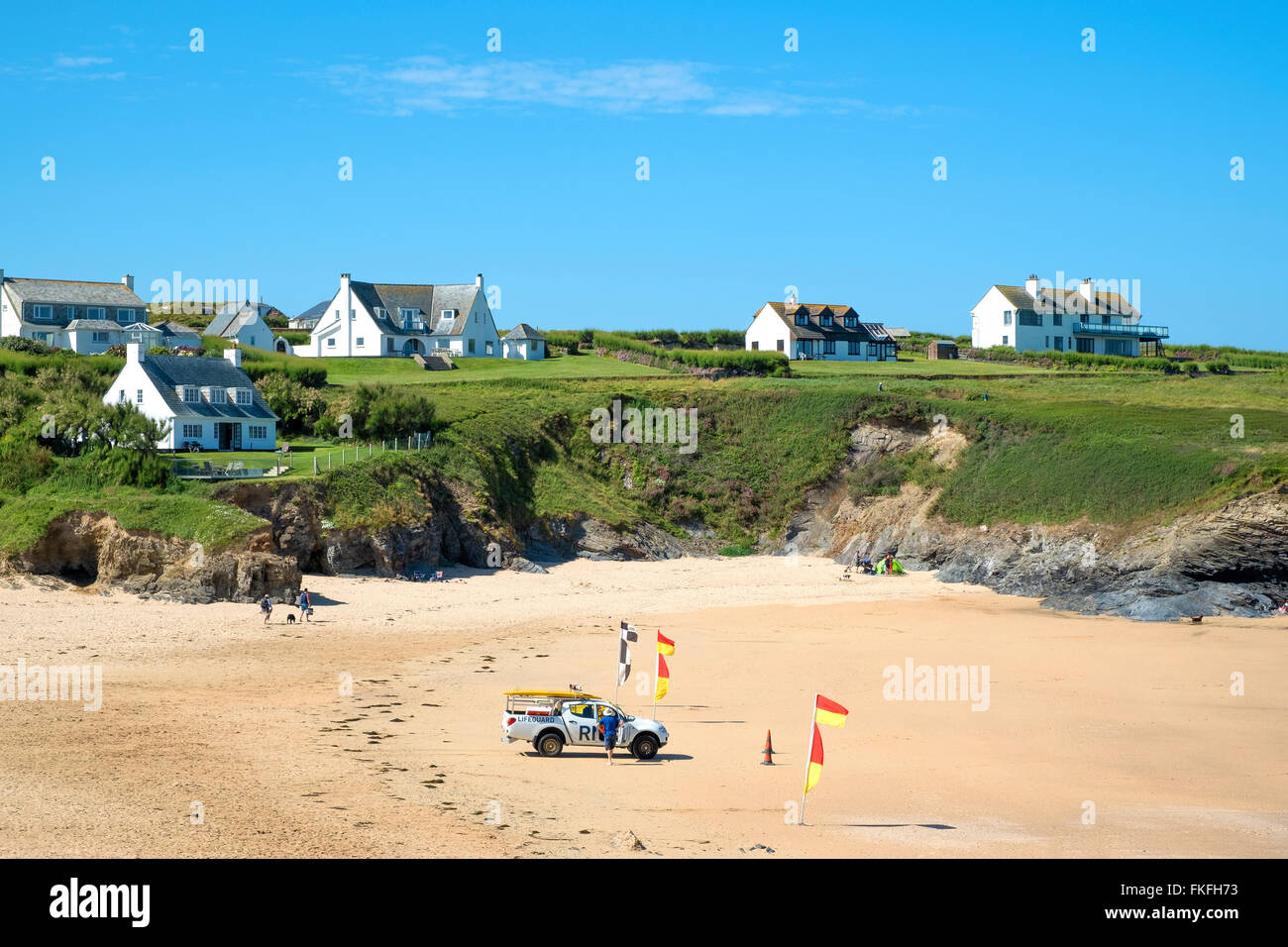 Homes overlooking the beach at Treyarnon bay in Cornwall, England, UK ...