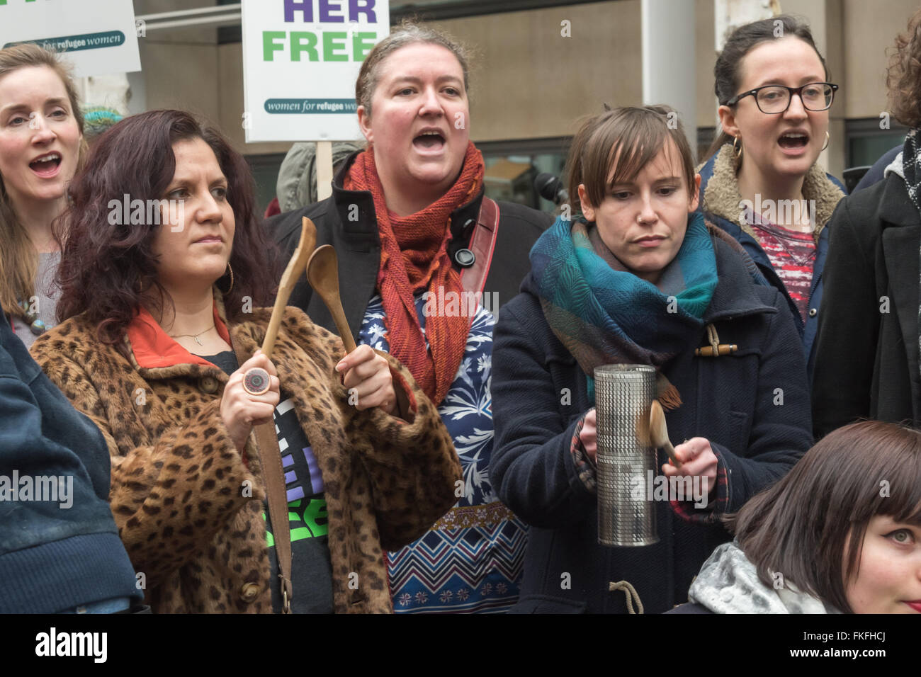 London, UK. 8th March, 2016. Members of Lips feminist choir performing ...