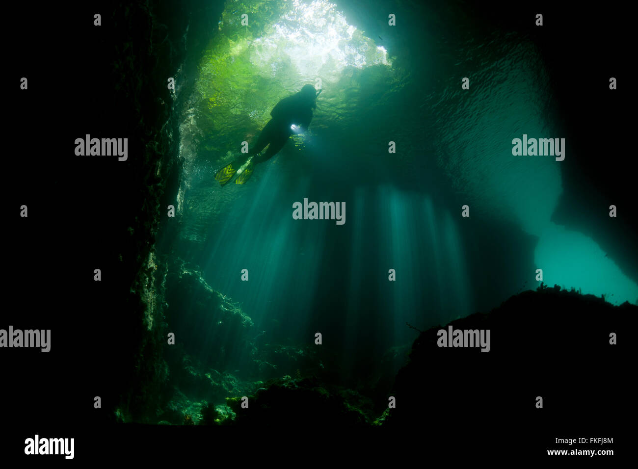 Shallow cave in dive site called The Passage with a snorkeler. North ...