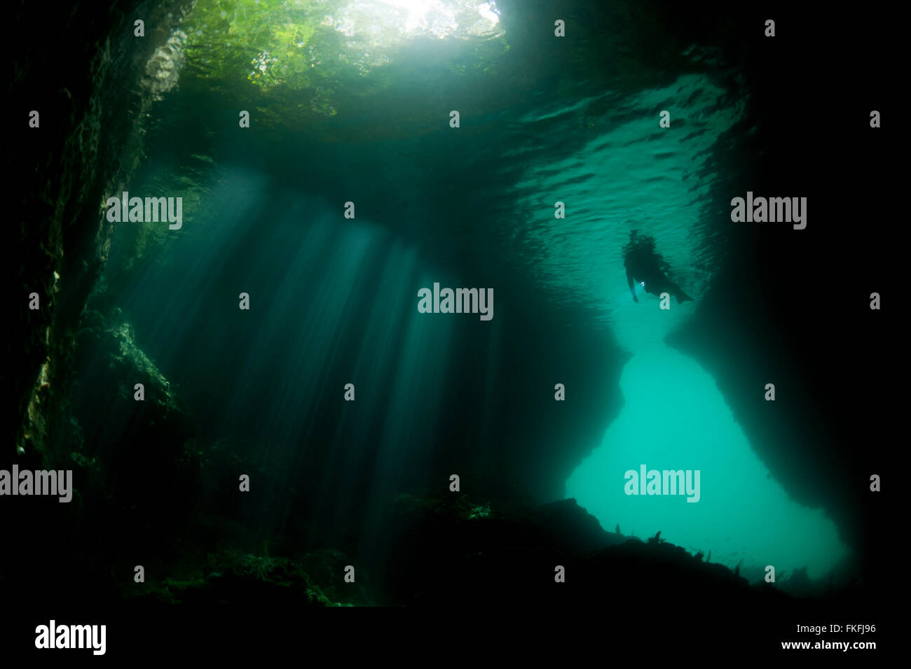 Shallow cave in dive site called The Passage with a snorkeler Stock ...